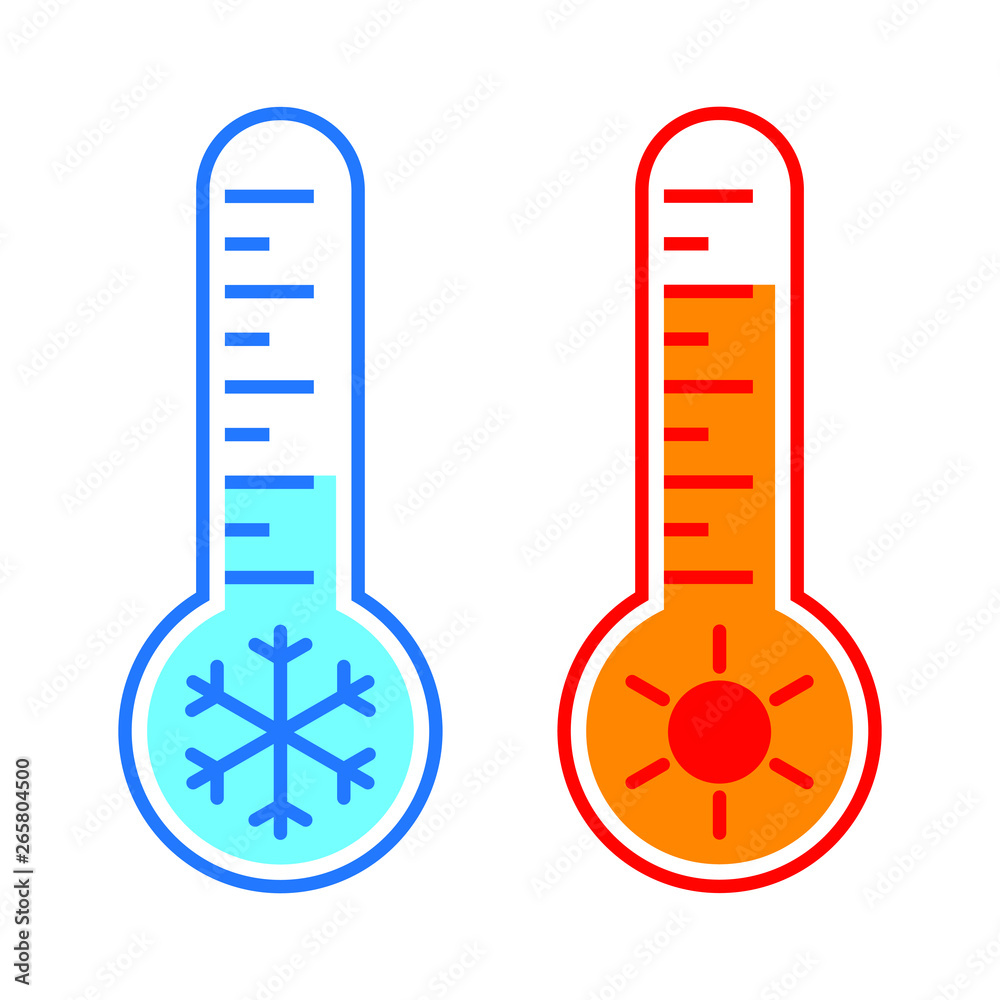 Icons low and high temperature. Signs thermometers with cold and hot ...