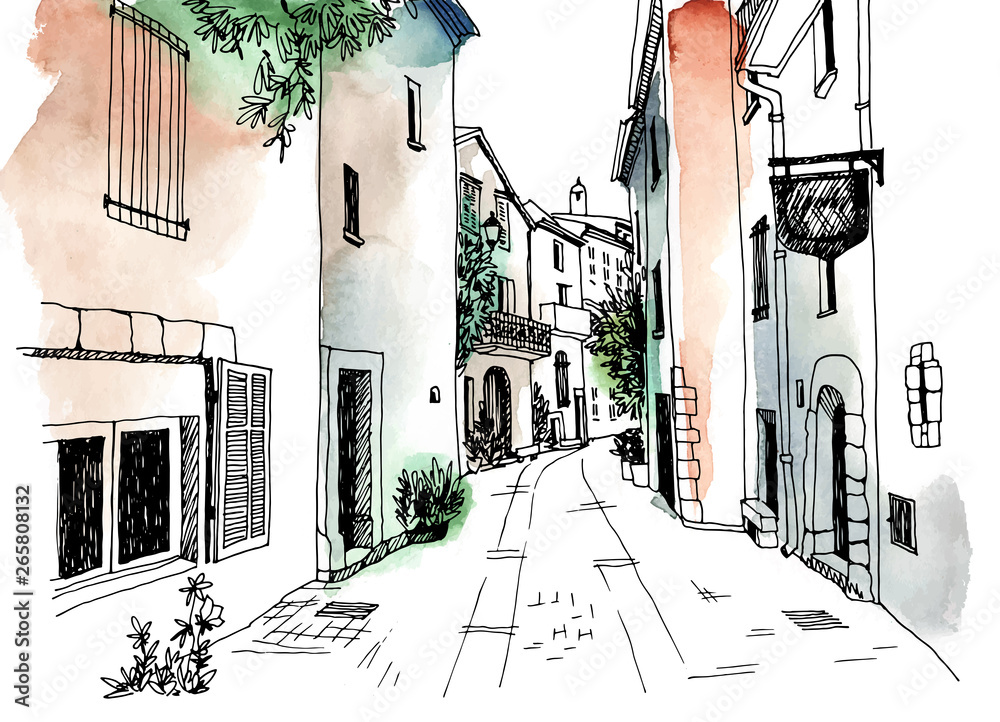 Old town street in hand drawn sketch style. Provence, France, Vector ...
