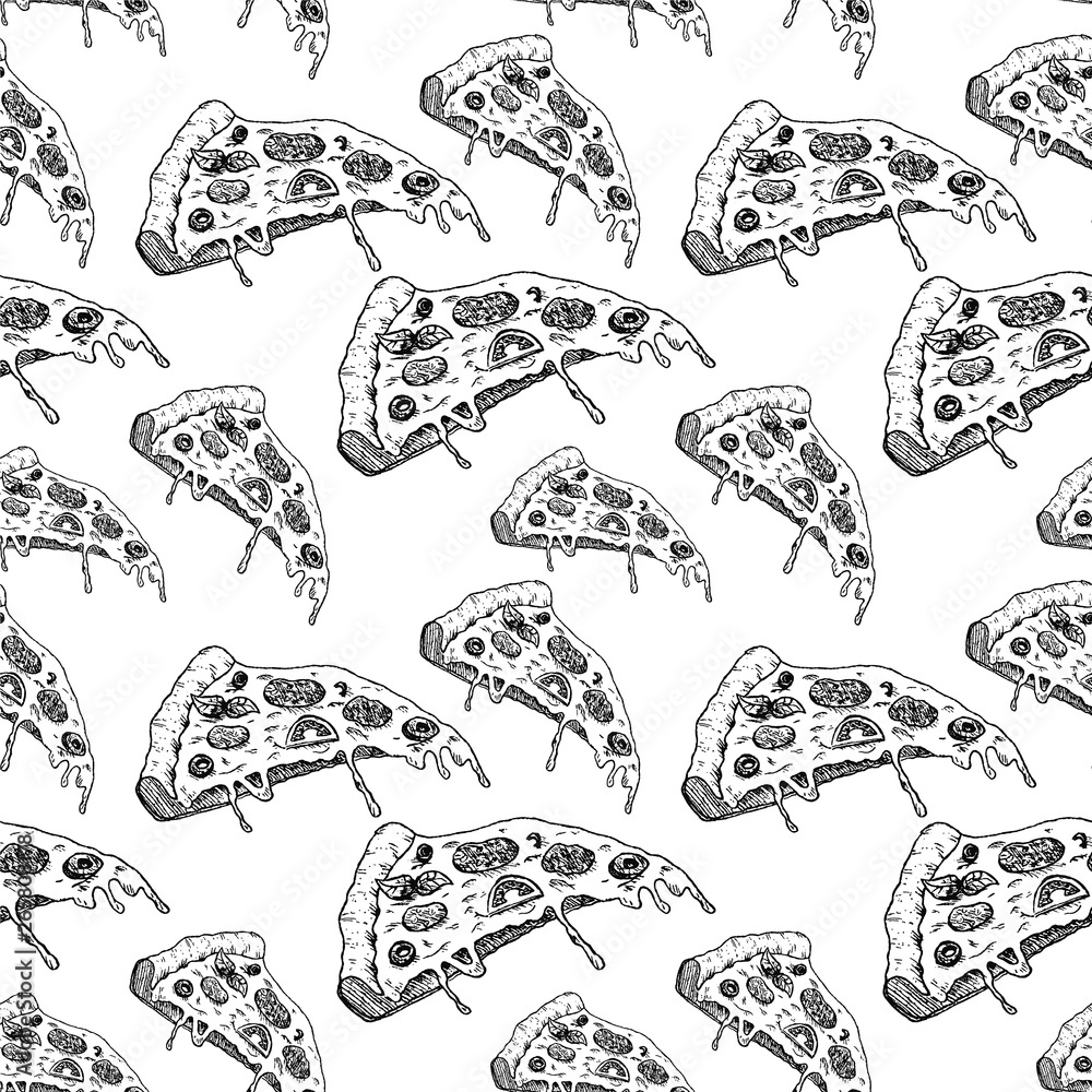 Pizza background. Hand drawn slices of pizza. Black sketch on white ...