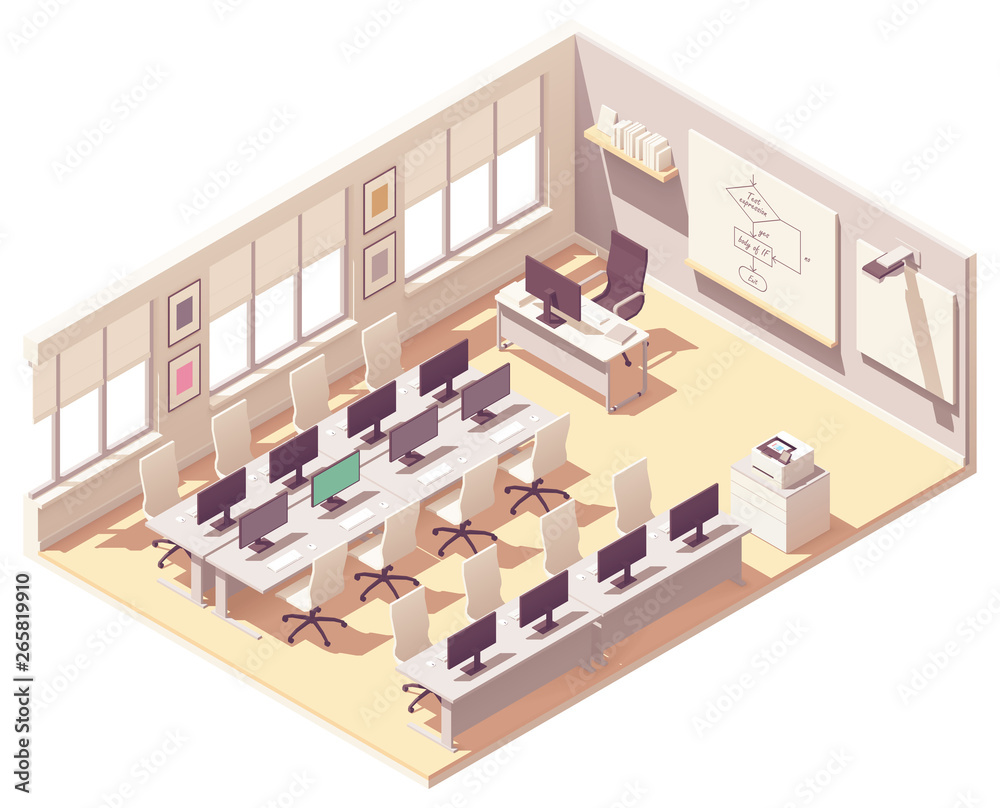 Vector isometric computer lab classroom Stock Vector | Adobe Stock