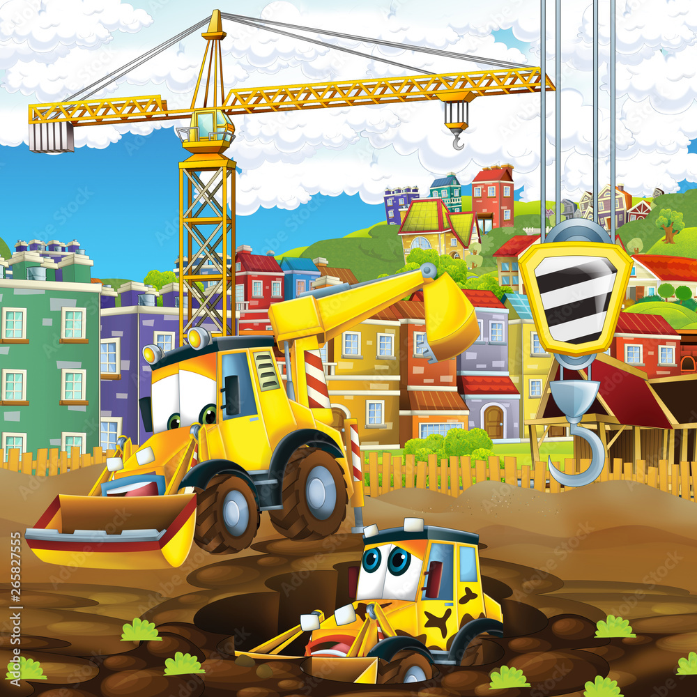 cartoon scene with diggers on construction site father and son ...