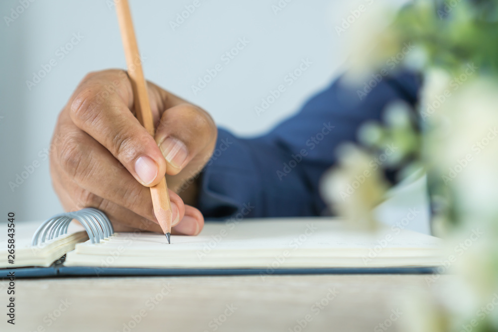 Adult learning for student university study in class, hand note lecture ...