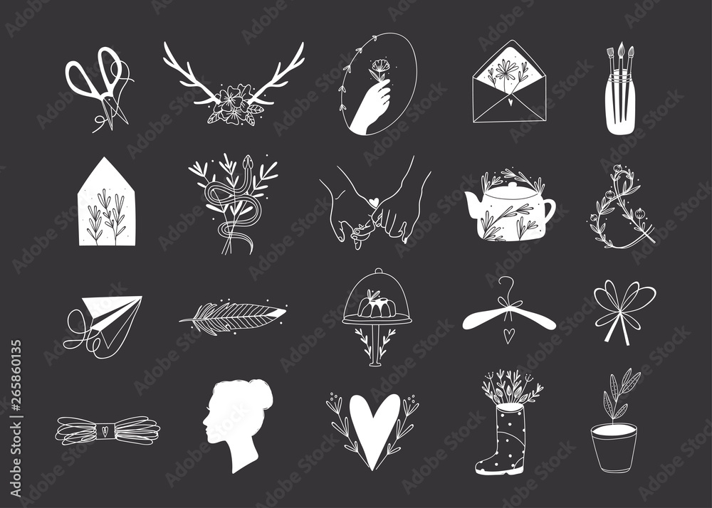 Various simple, elegant and bohemian icons. Hand drawn vector set ...