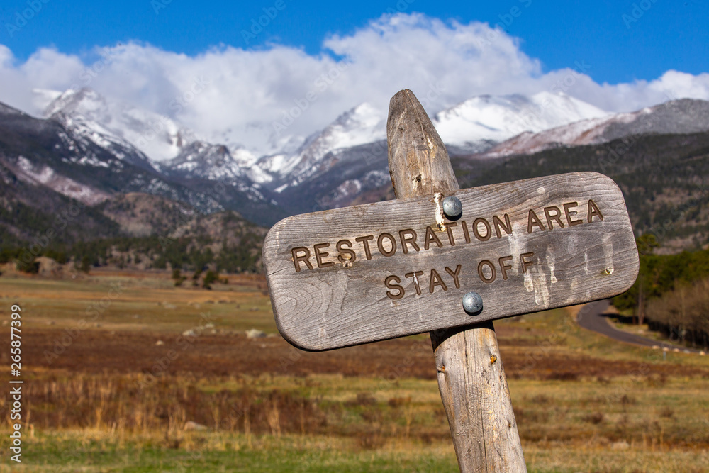 Restoration area sign on national park government protected lands ...