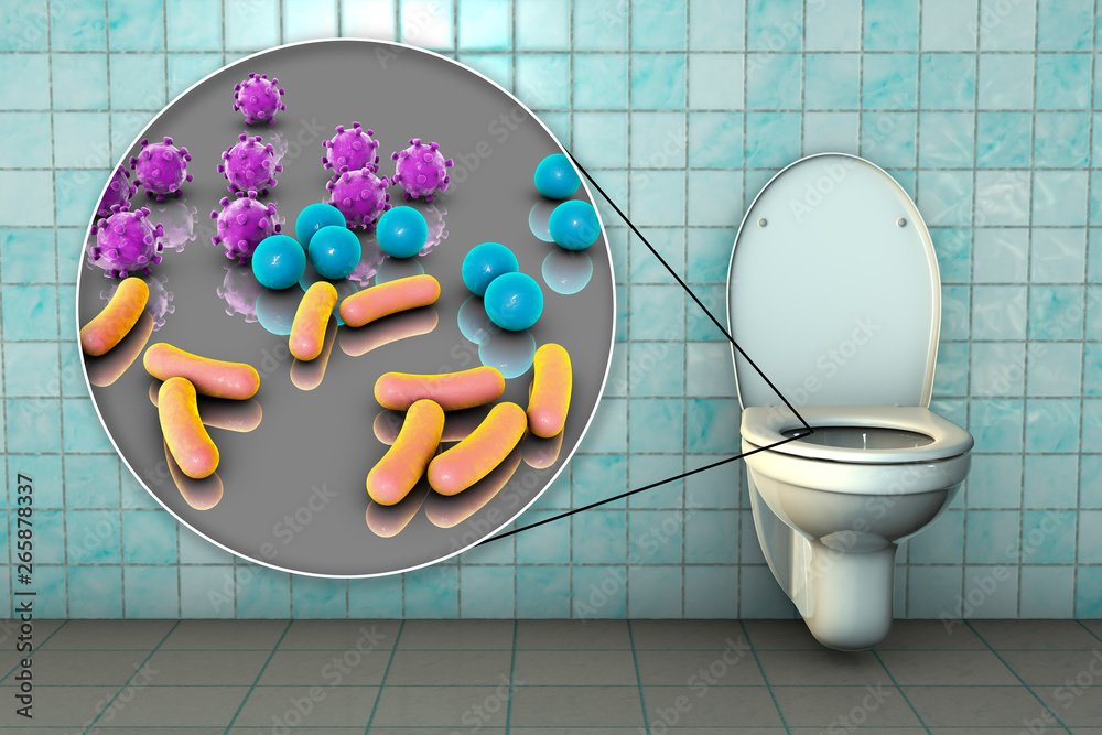 Toilet microbes, conceptual 3D illustration. Transmission of diarrheal ...