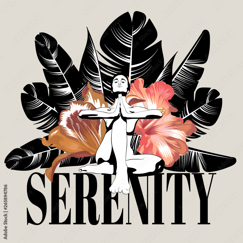 Serenity . Vector hand drawn illustration of young lady with flowers ...