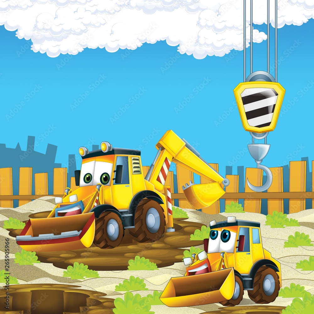 cartoon scene with diggers on construction site father and son ...