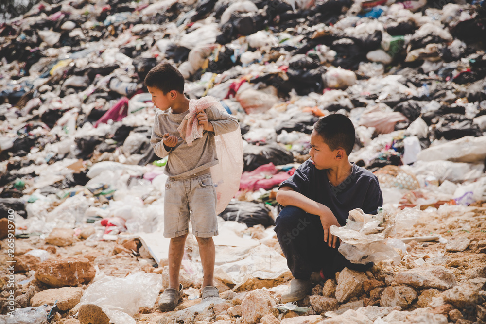 Poor children collect garbage for sale,, the concept of pollution and ...