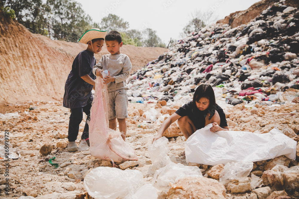 Poor children collect garbage for sale,, the concept of pollution and ...