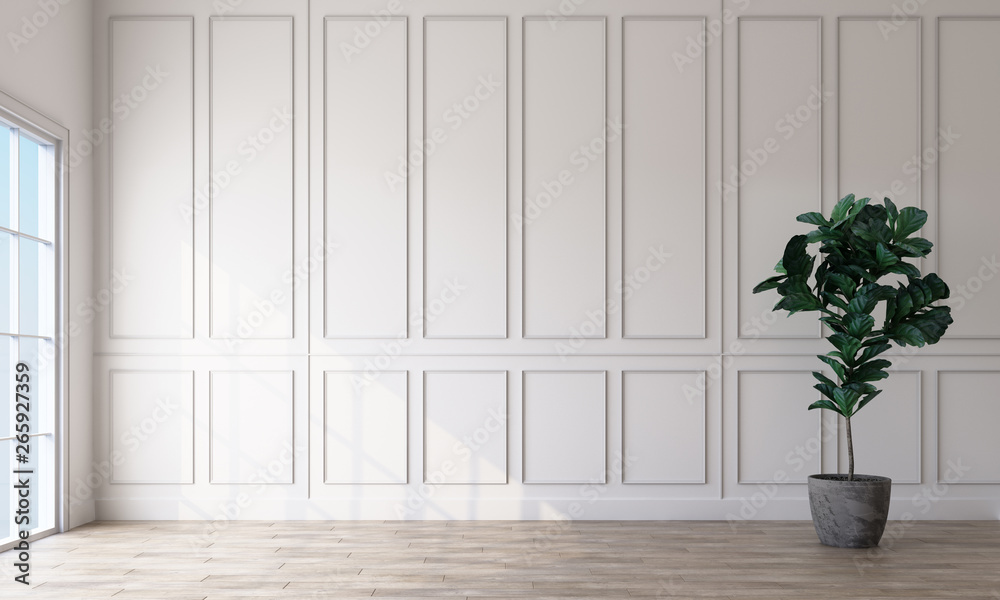 Empty room interior with white rectangular pattern walls and a light ...