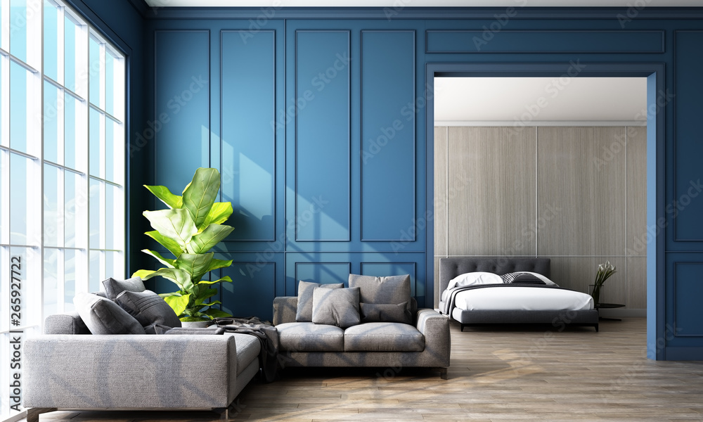 Modern classic Blue living and bedroom space with wall panels decoratel ...