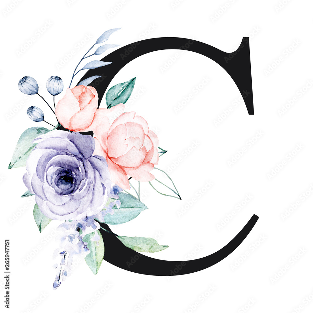Floral alphabet, letter C with watercolor flowers and leaf. Black ...