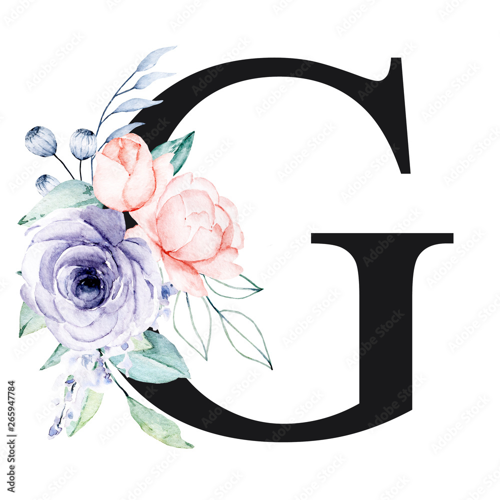 Floral alphabet, letter G with watercolor flowers and leaf. Black ...