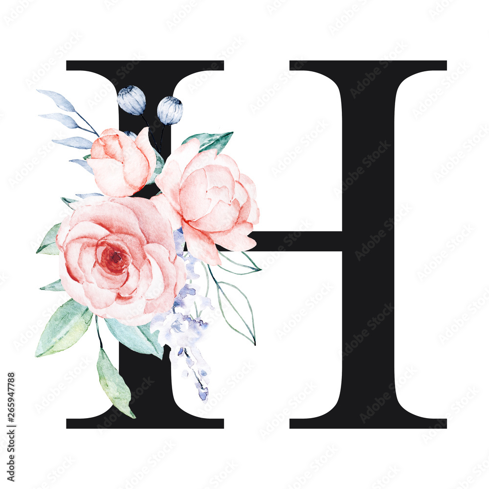 Floral alphabet, letter H with watercolor flowers and leaf. Black ...