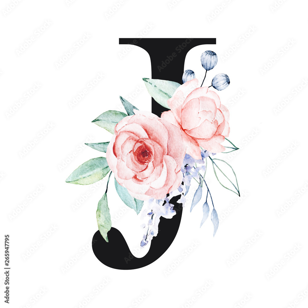 Floral alphabet, letter J with watercolor flowers and leaf. Black ...