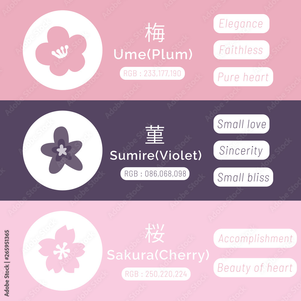 Reiwa Color; ume(plum), sumire(violet), sakura(cherry) with codeRGB and ...
