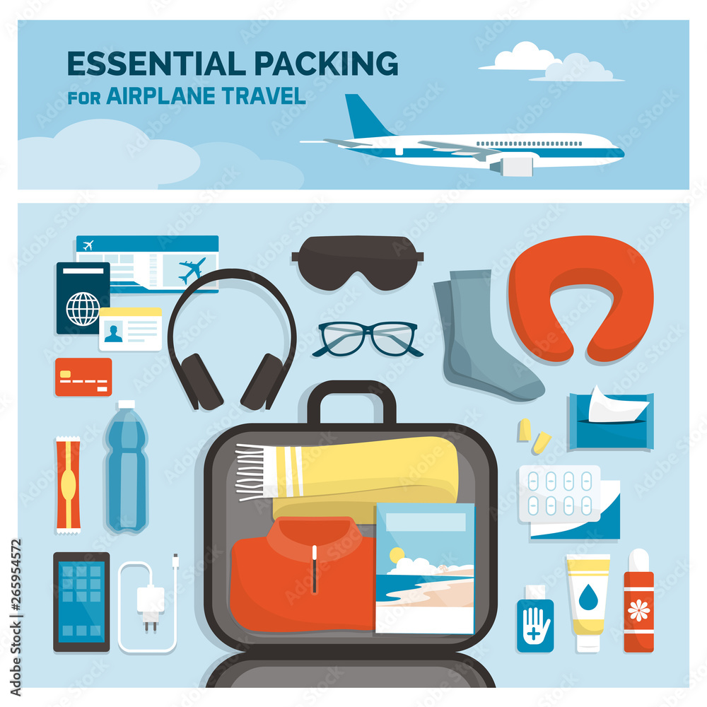 Essential packing for airplane traveling Stock Vector | Adobe Stock