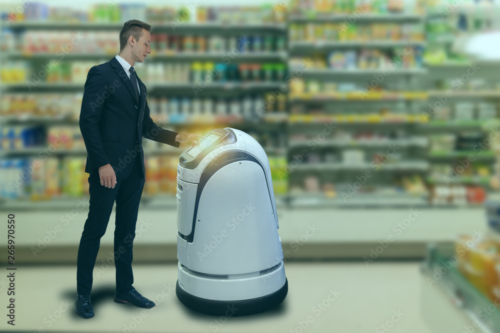 Smart robotic technology concept, The customerr follow a service robot ...