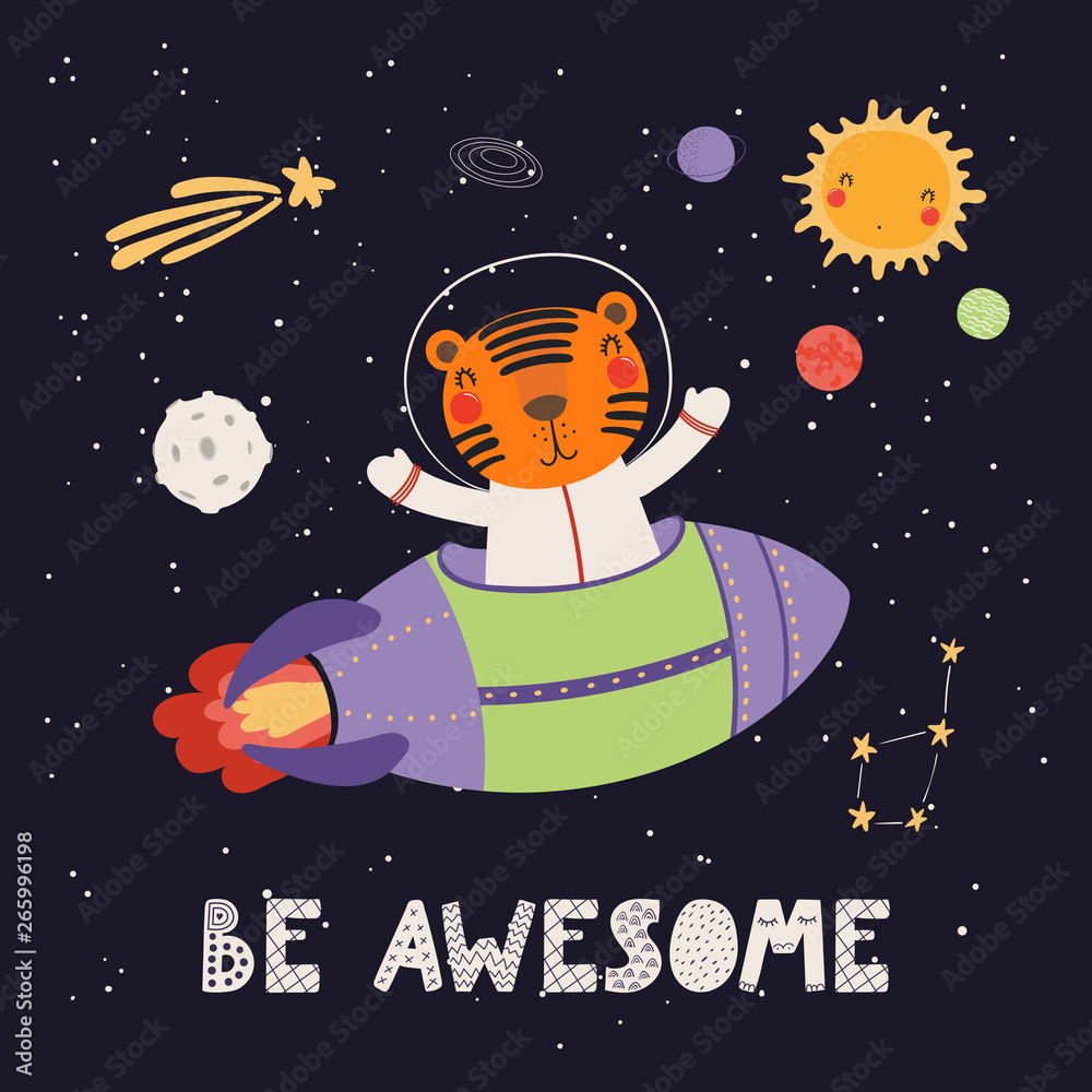 Hand drawn vector illustration of a cute tiger astronaut flying rocket ...