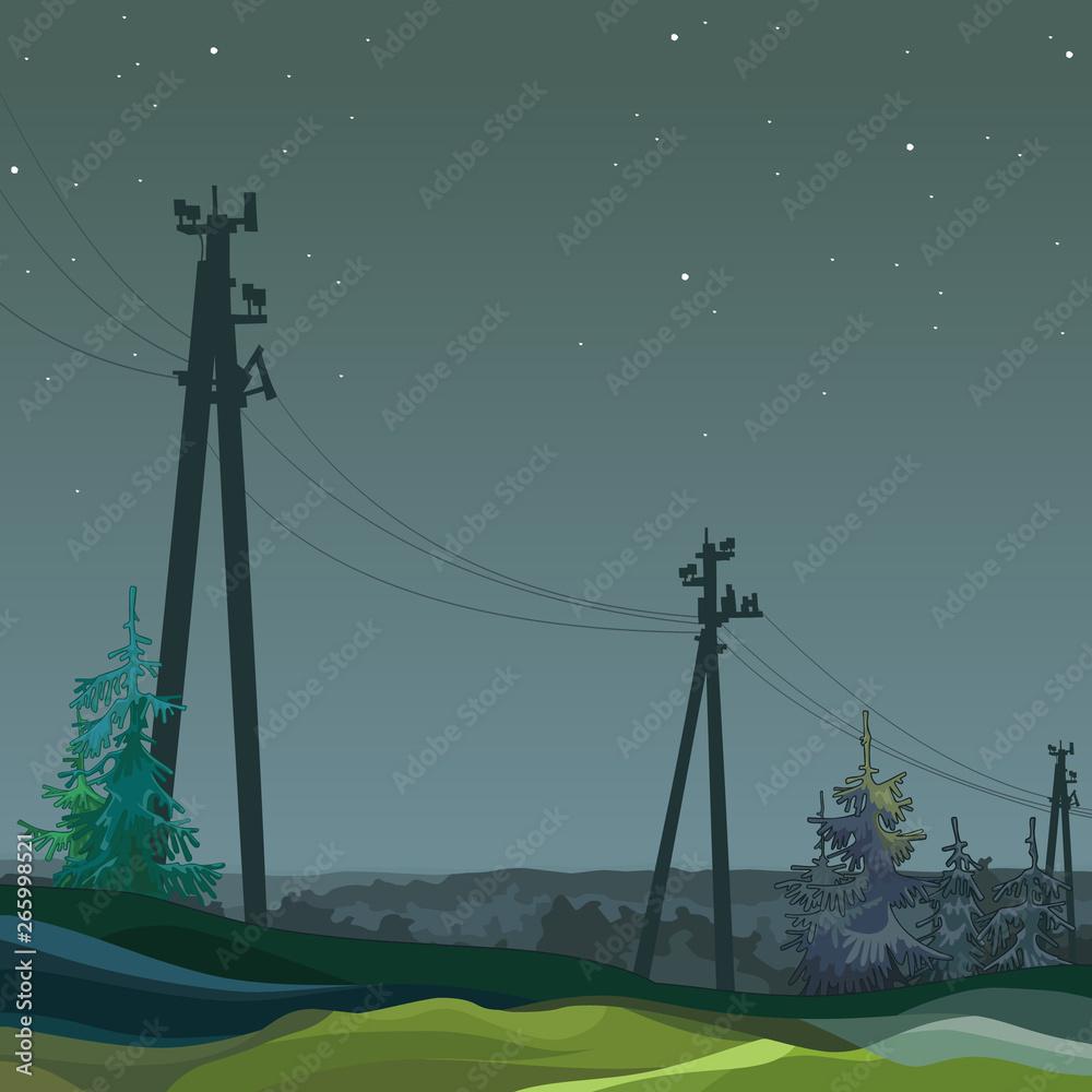 cartoon night summer background of the suburb with power line supports ...