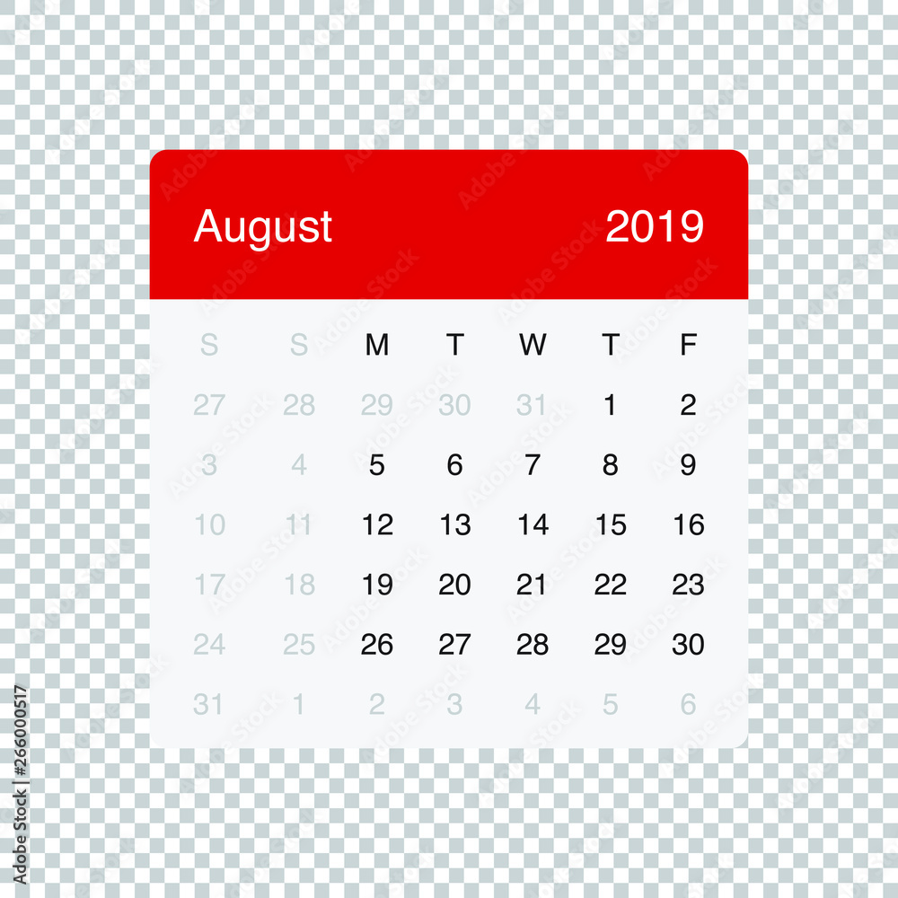 Calendar August 2019 Clean Minimal Table Simple Design. Basic Grid with ...