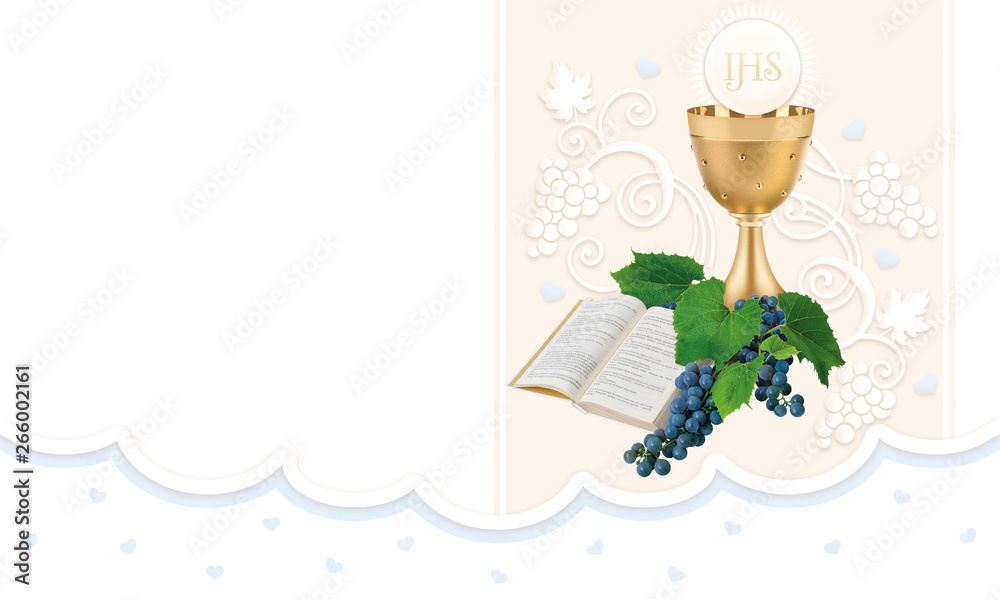 First holy communion, background with glass of wine and grapes Stock ...