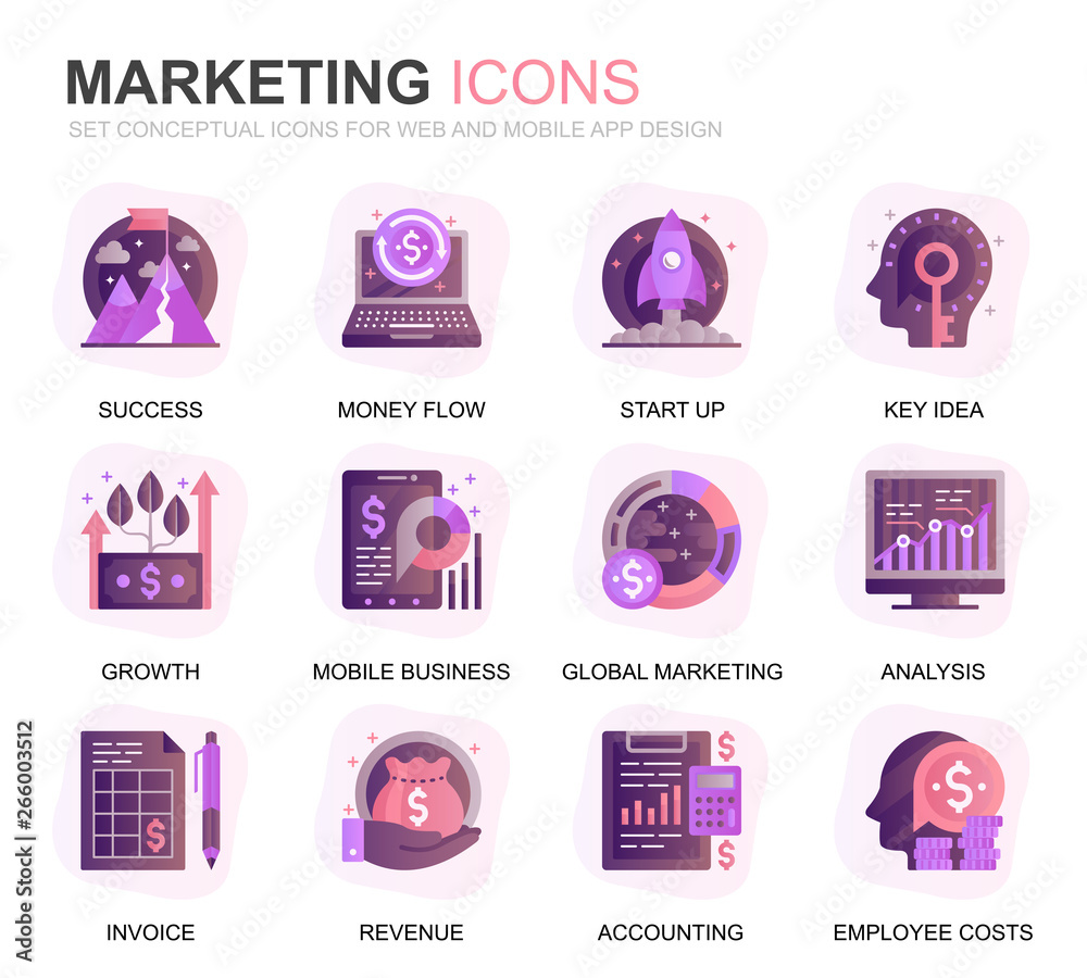 Modern Set Business and Marketing Gradient Flat Icons for Website and ...