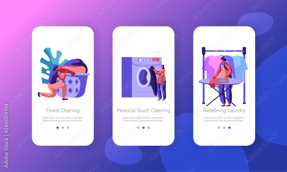 Female Character in Laundry Concept. Washing Machine, Ironing, Laying ...