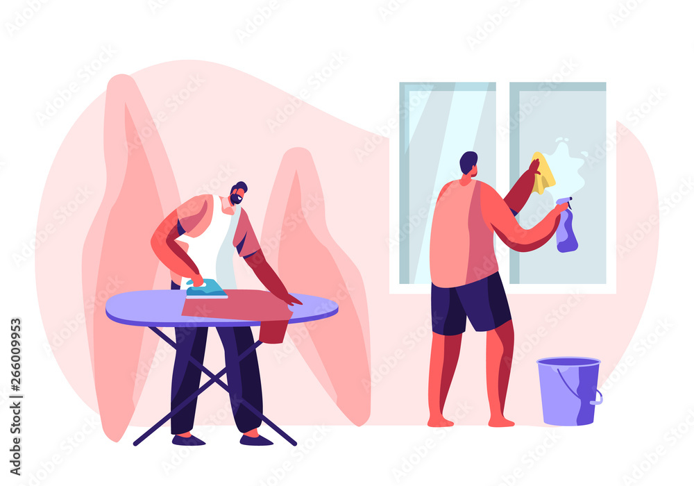 Household Male Characters Housekeeping Process. Everyday Routine of ...