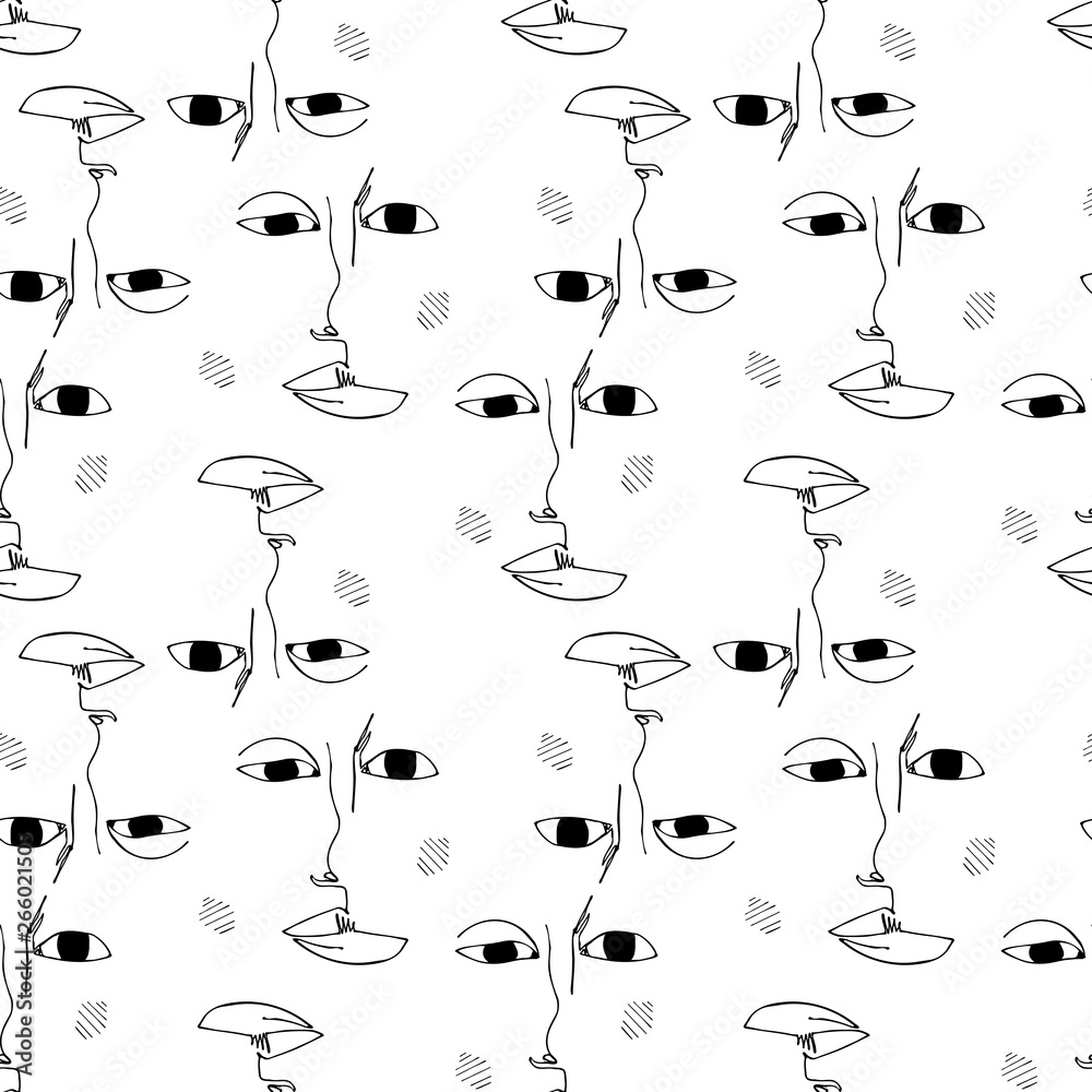 Seamless pattern with faces. Abstract outline silhouette of human face ...
