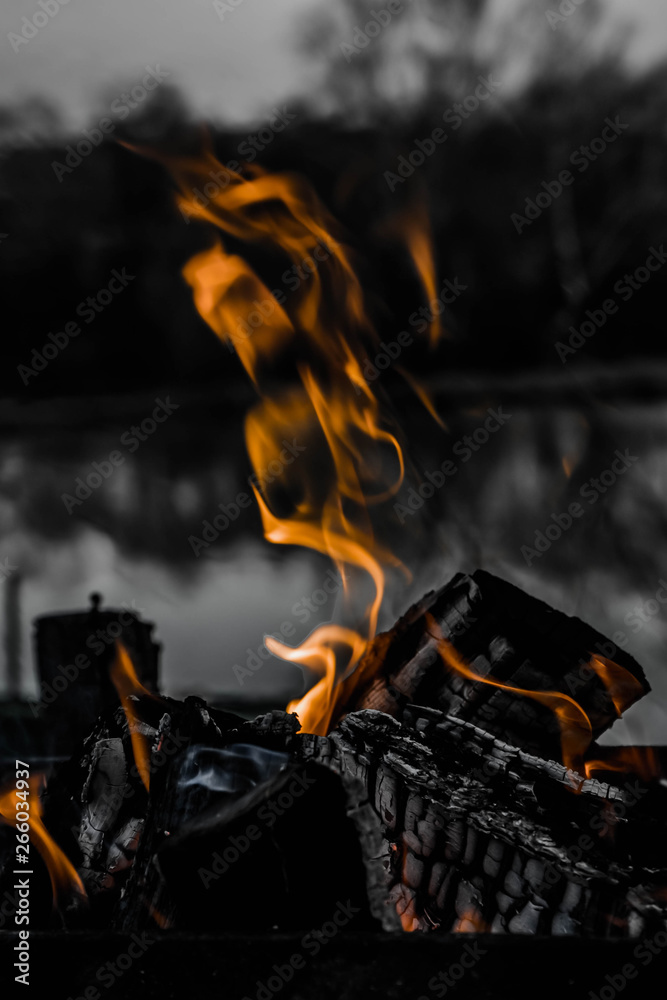 black and white photo with Captured orange color of fire in fireplace ...