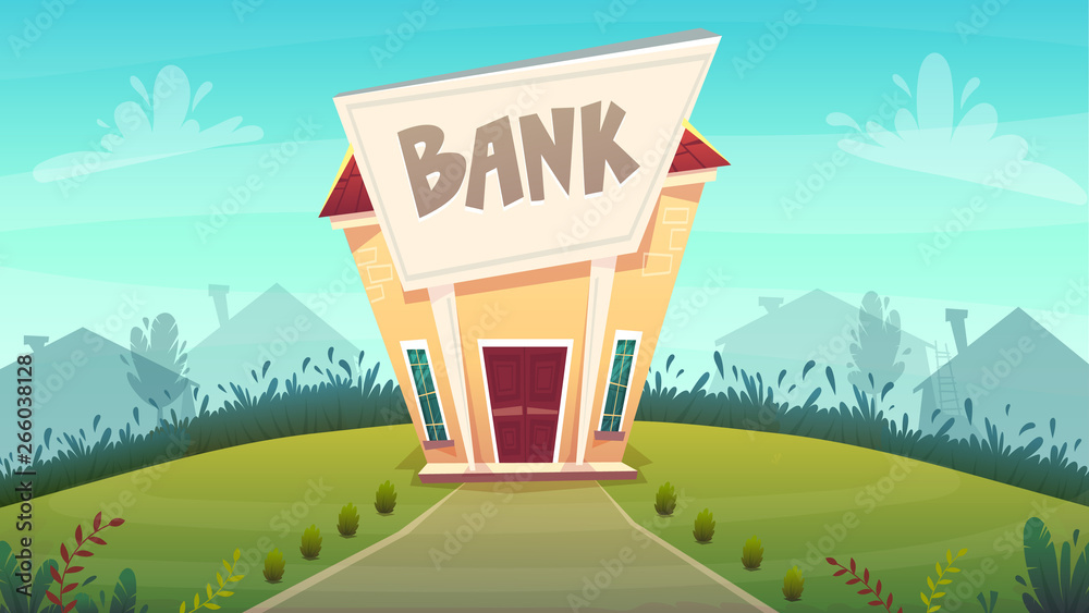 cartoon bank branch at city street illustration . happy financial ...