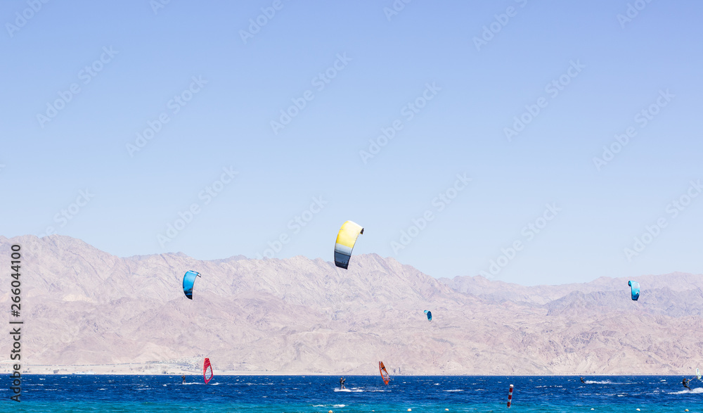 wind surfing with parachute type of summer water activity, Red sea Gulf ...