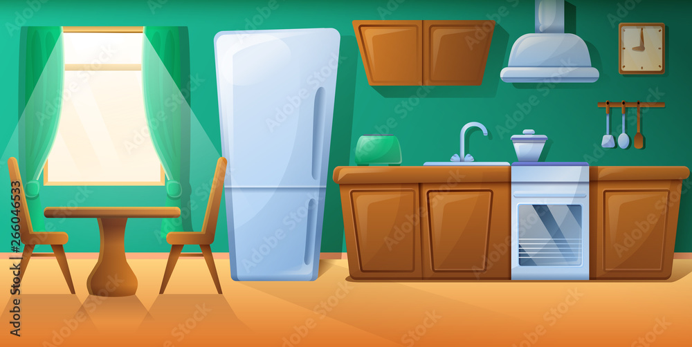 cozy cartoon kitchen with kitchen furniture, vector illustration Stock ...