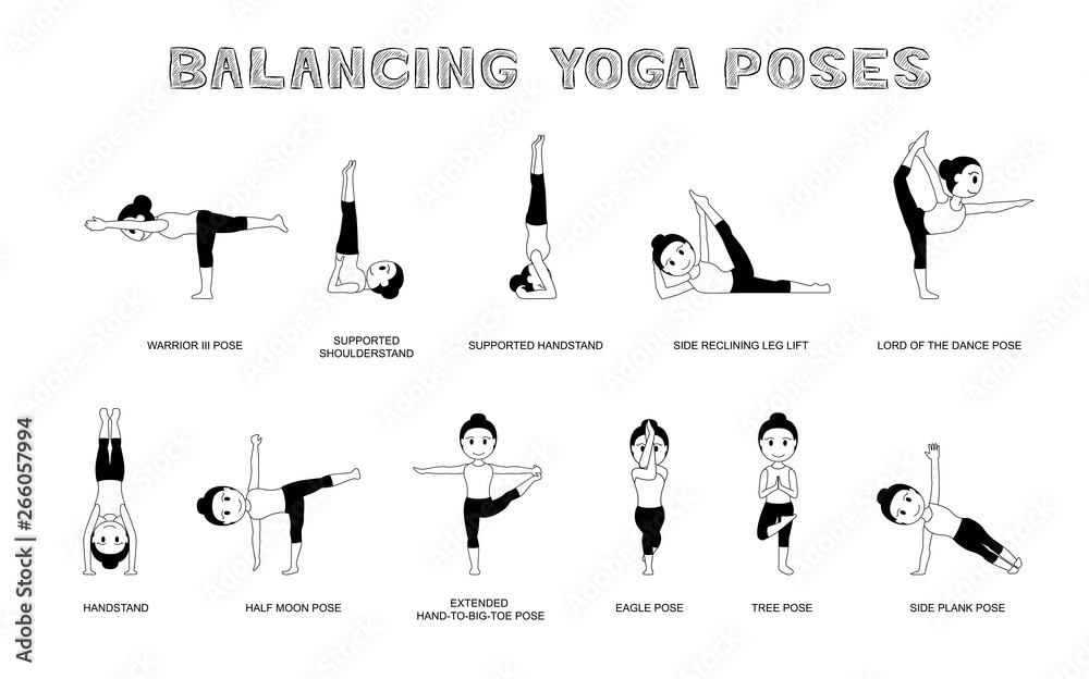 Yoga Balancing Poses Vector Illustration Monochrome Stock Vector ...