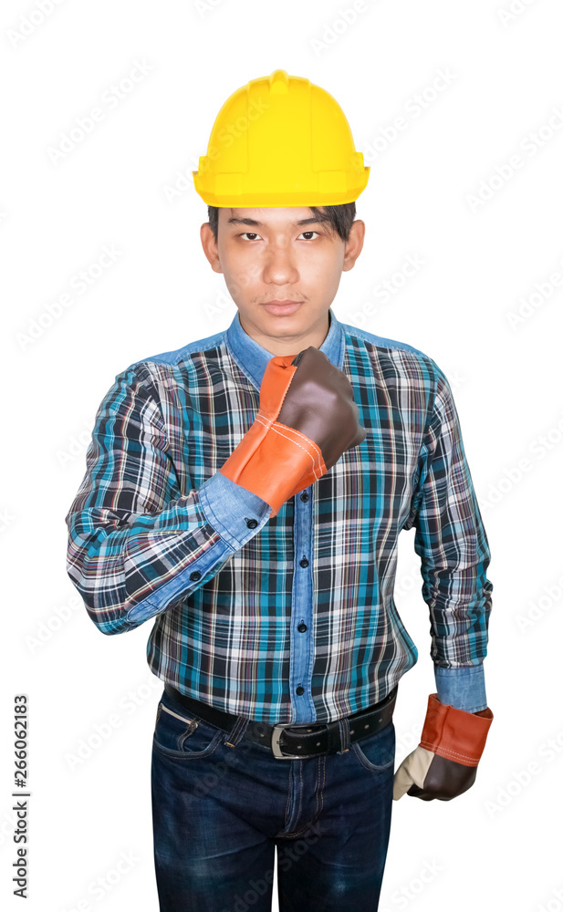 Engineering hand with the fist making symbol wear Striped shirt blue ...
