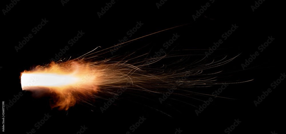 Texture of firearm shot with bright flash of light, sparks, smoke and ...