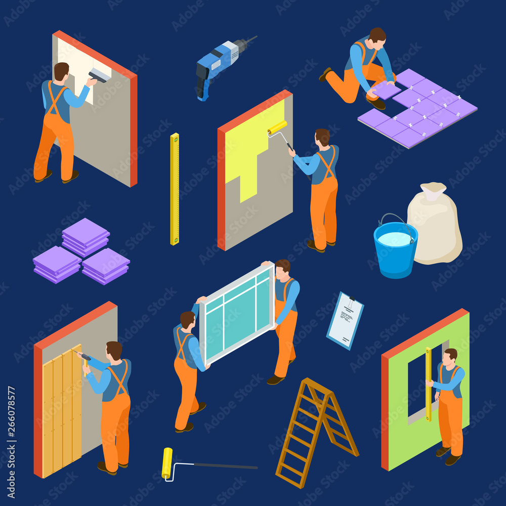 Repair workers and tools isometric vector set. Illustration of tiler ...