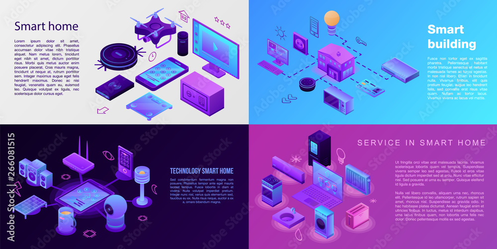 Modern smart home banner set. Isometric set of modern smart home vector ...