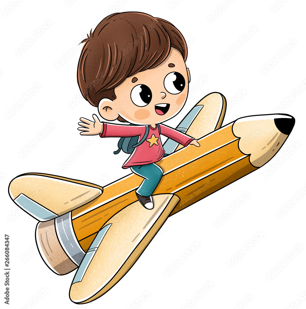 Niño volando sobre un lápiz con alas Stock Illustration | Adobe Stock