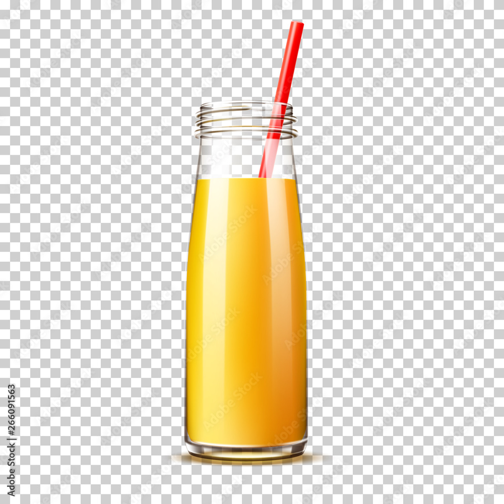 Realistic orange juice bottle with straw without lid on transparent ...