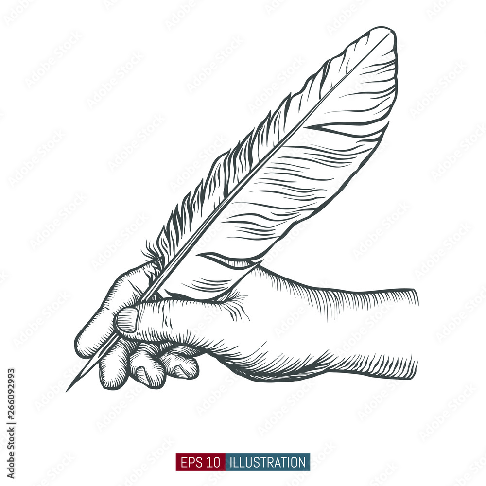 Hand drawn hand holding feather. Template for your design works ...