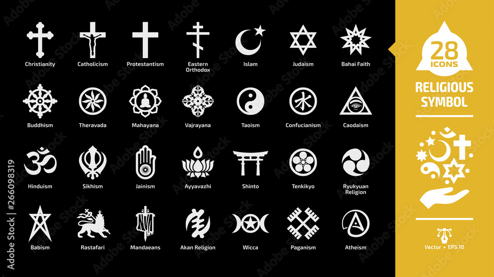 Religious symbol glyph icon set on a black background with christian ...