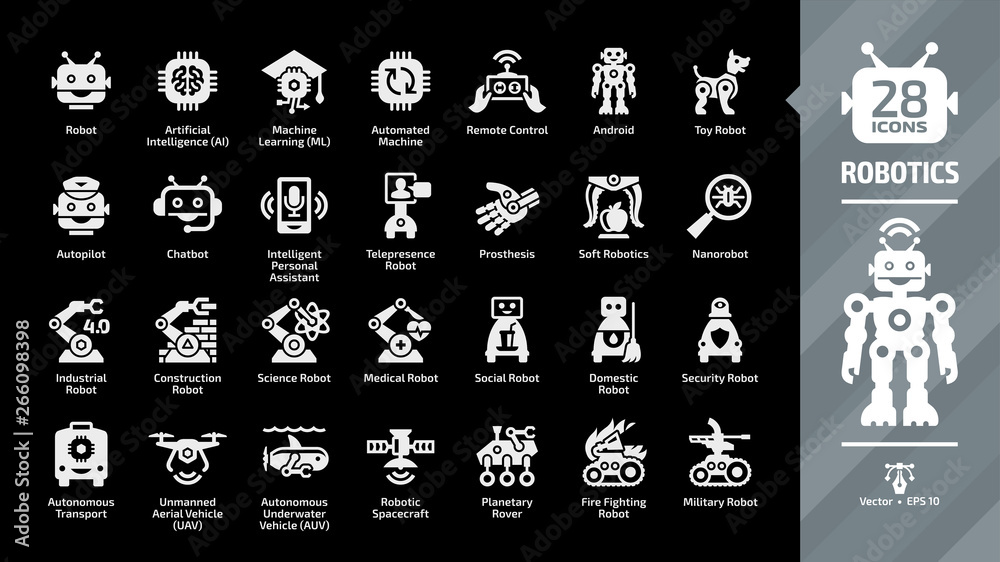 Robotics industry glyph icon set on a black background with autonomous ...