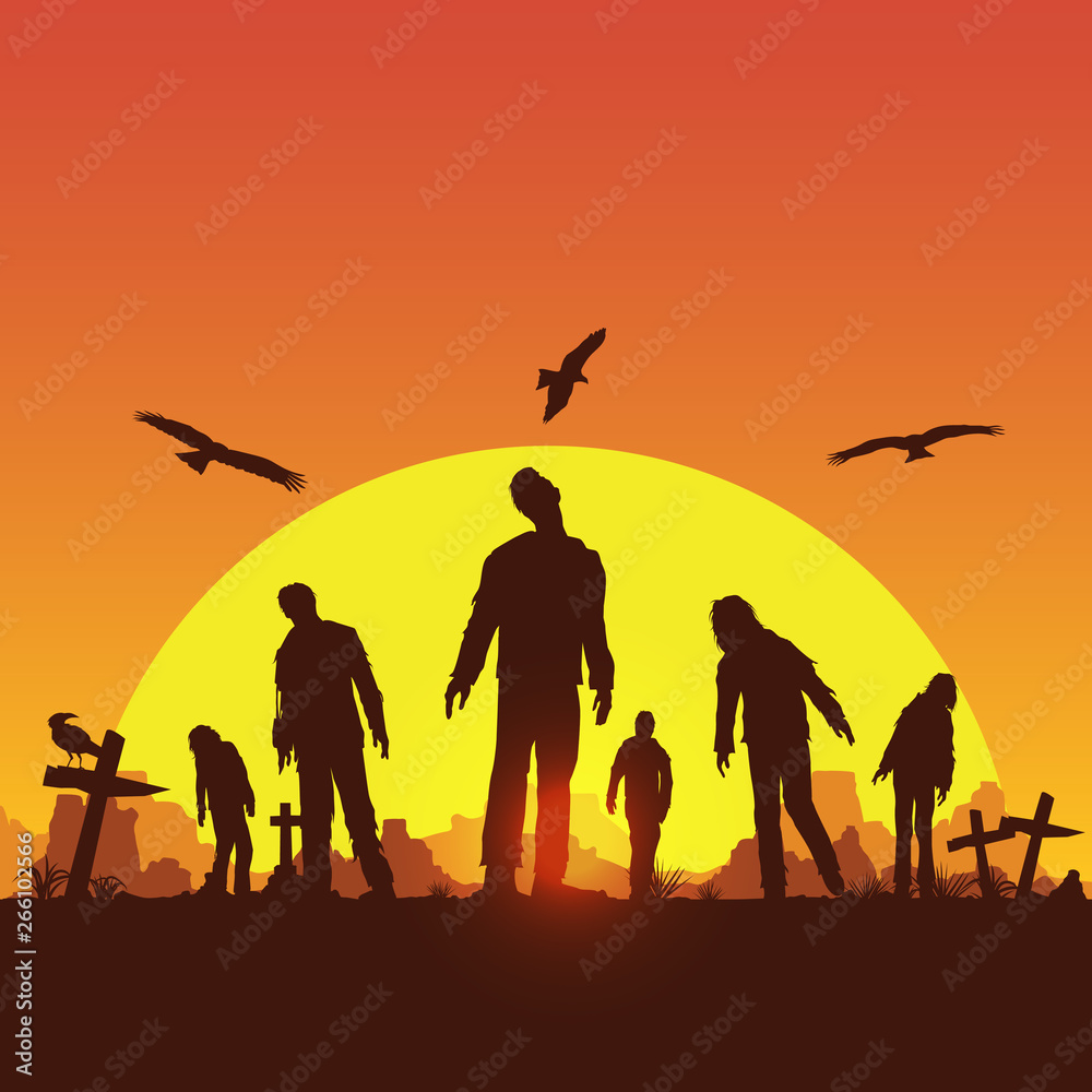 Silhouette of zombies walking at graveyard, Vector Illustration Stock ...