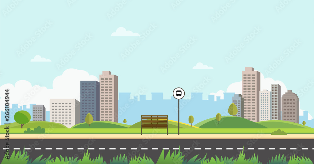 Bus stop on main street city with grass foregraound.Public park with ...