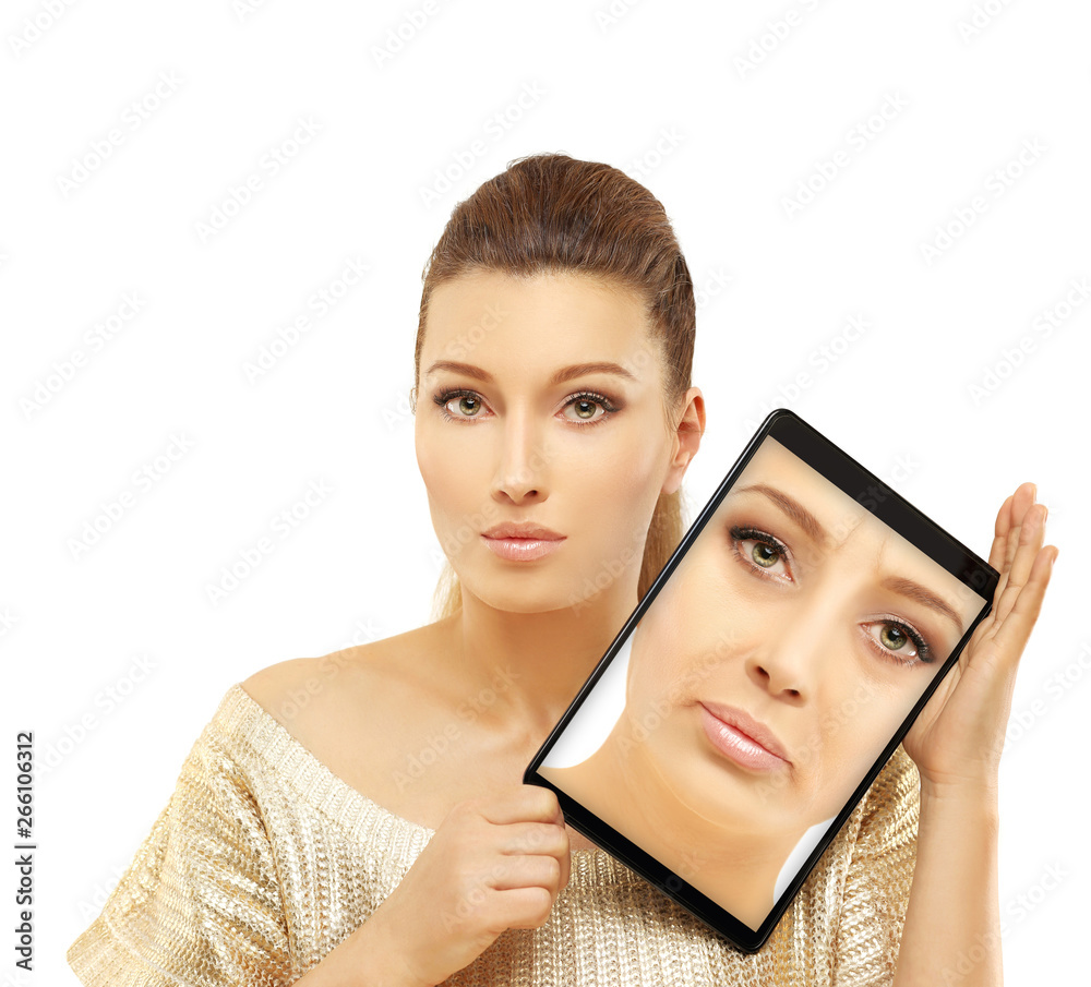 Aging. Mature woman-young woman.Face with skin problem.Showing photos ...
