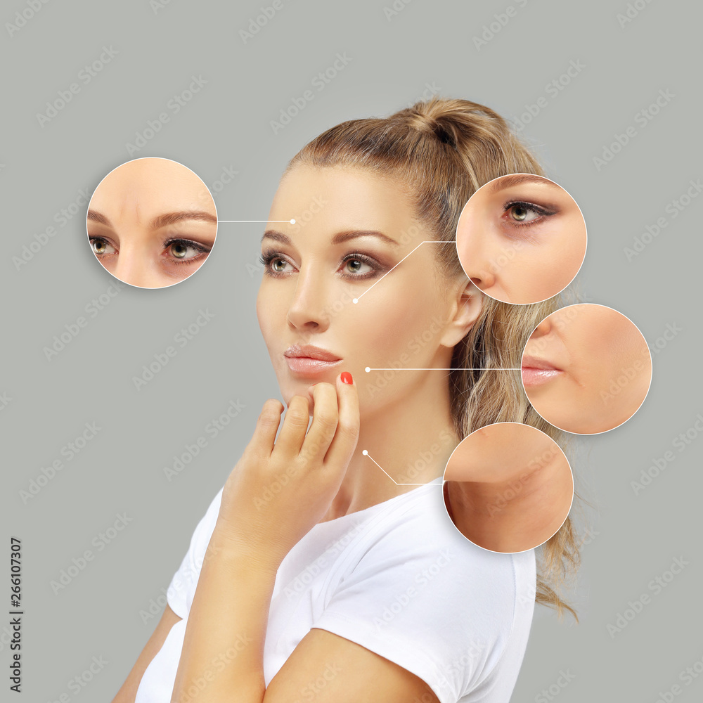 Aging. Mature woman-young woman.Face with skin problem.Showing photos ...