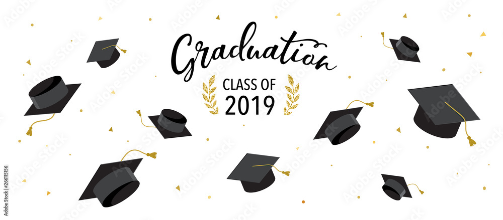 Graduate class of 2019. Caps and confetti on a white background. Hats ...