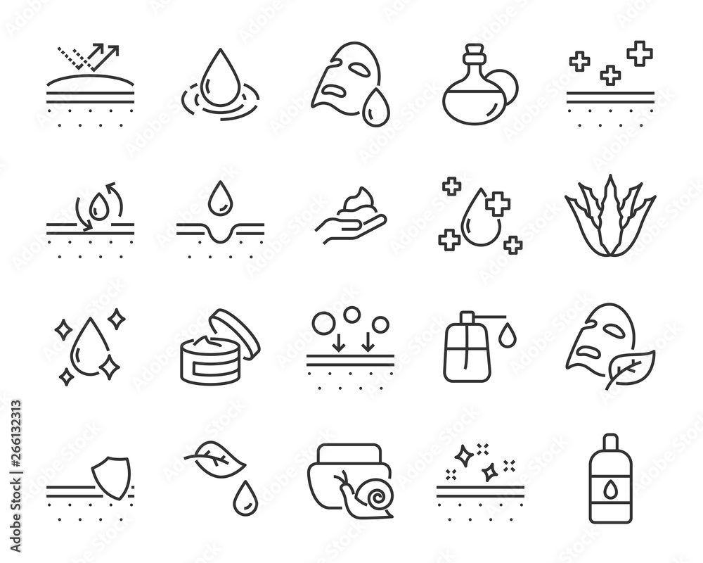 set of skin icons, such as aloevera, oil, nature, sun protect, dry ...